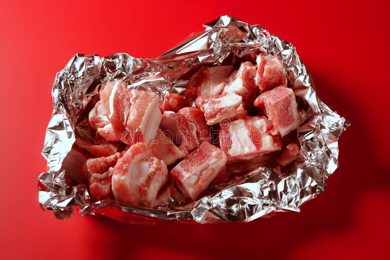 Pig, Pork Raw Meat Pieces Over Red Stock Photo - Image of horizontal ...
