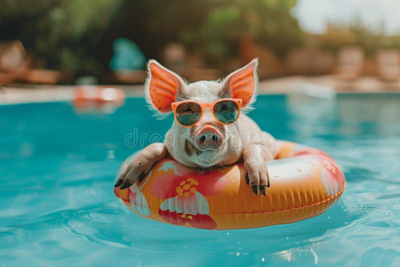 Pig in a Quirky Summer Outfit Enjoying a Peaceful Float in a Serene ...