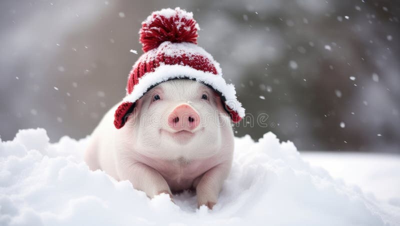 Pig with Red and White Striped Hat Enjoying Snow in Winter Scene Stock ...