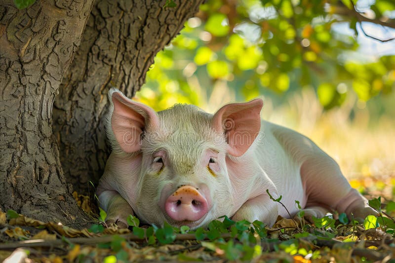 A Pig is Resting Under a Tree in the Grass Stock Photo - Image of floor ...