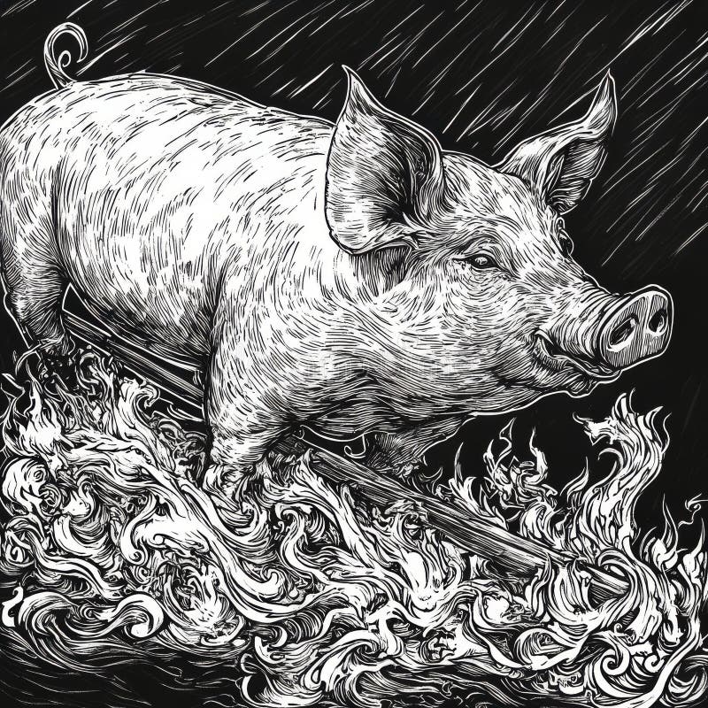 A Pig Roasting on a Spit Over an Open Flame, with Intricate Linework ...