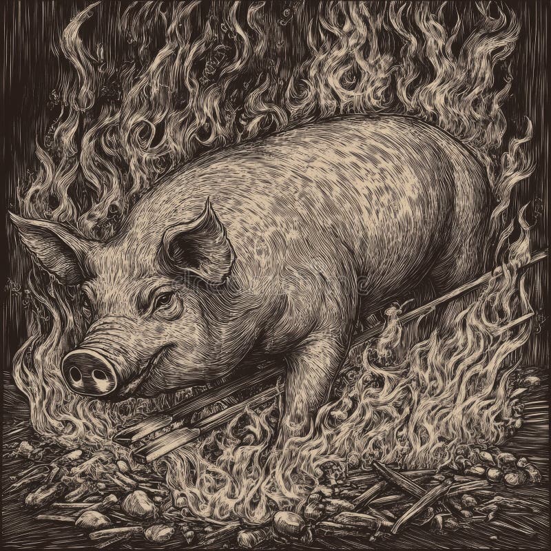 A Pig Roasting on a Spit Over an Open Flame, with Intricate Linework ...
