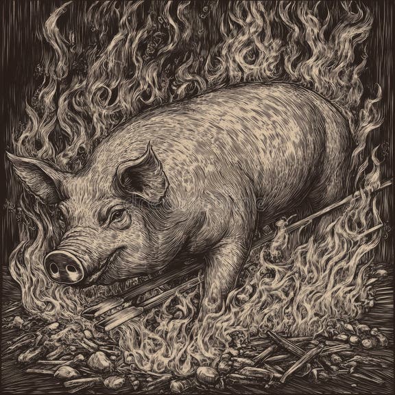 A Pig Roasting on a Spit Over an Open Flame, with Intricate Linework ...
