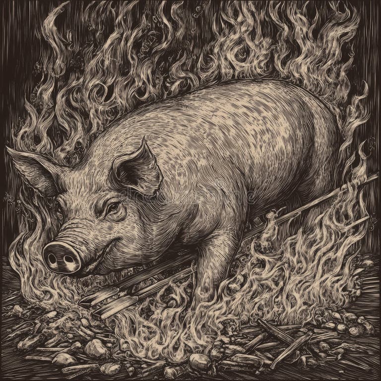 A Pig Roasting on a Spit Over an Open Flame, with Intricate Linework ...
