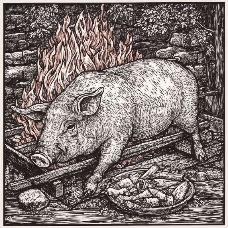 A Pig Roasting on a Spit, Positioned Over Open Flames, with Detailed ...