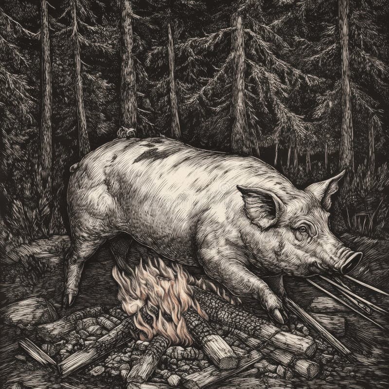 A Pig Roasting on a Spit, Positioned Over Open Flames, with Detailed ...