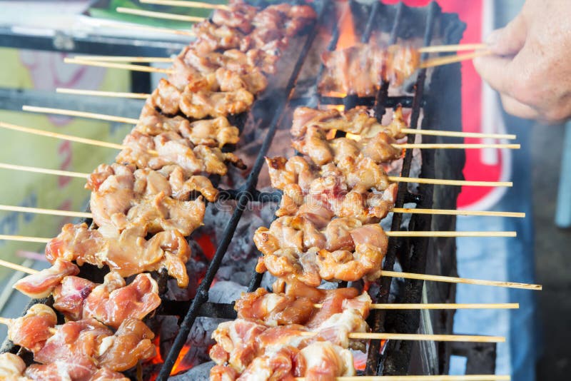 Pig Roasting, Thai Street Food Stock Photo - Image of cookout, skewers ...