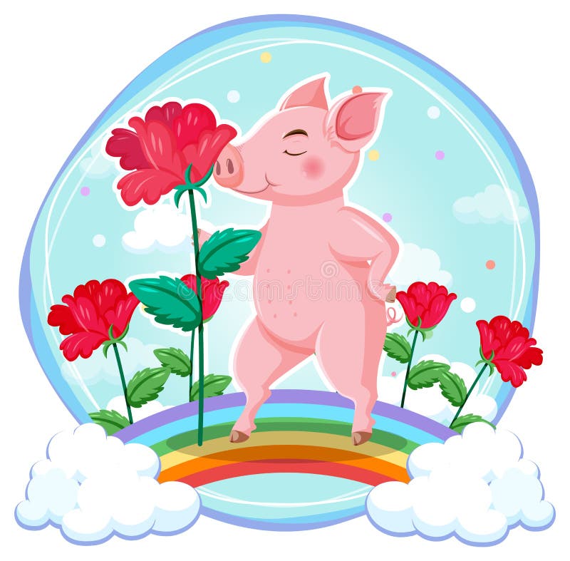 Pig with Roses in Cartoon Style Stock Vector - Illustration of theme ...