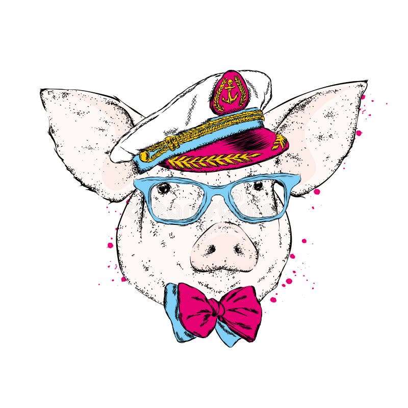 A Pig in a Sailor`s Cap, Glasses and a Tie. Captain of the Ship. Vector ...