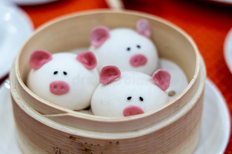Pig-shaped Chinese Red Bean Buns Stock Photo - Image of steamed, desert ...