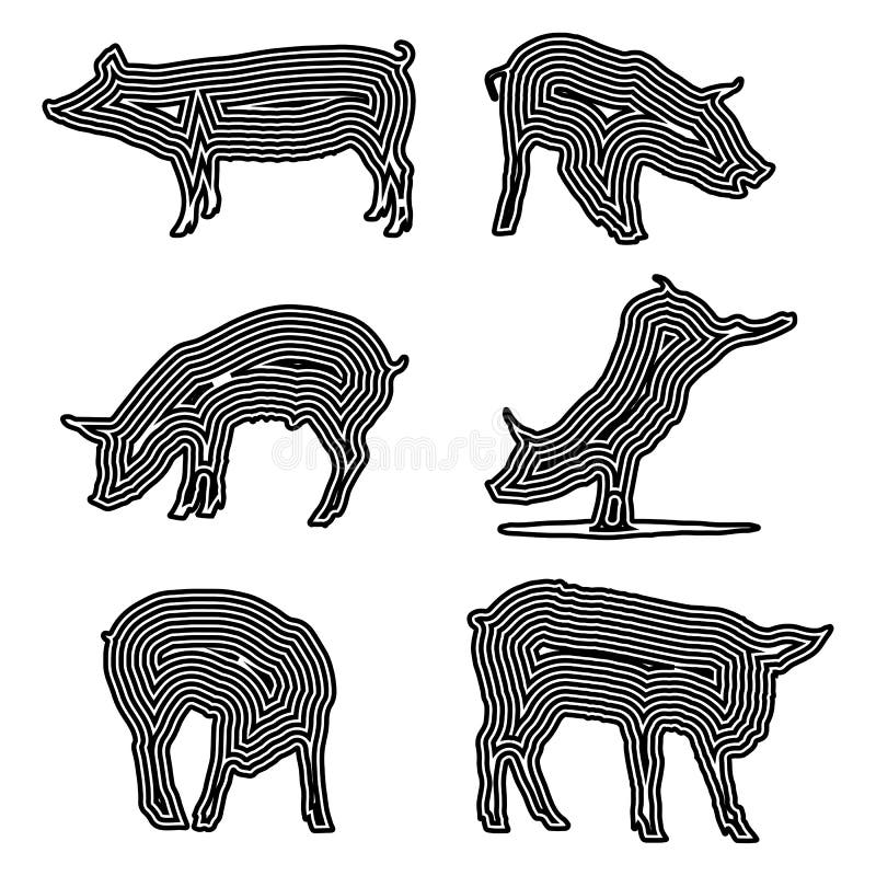 Pig Silhouette Set, Black Lines on White Background, Vector ...