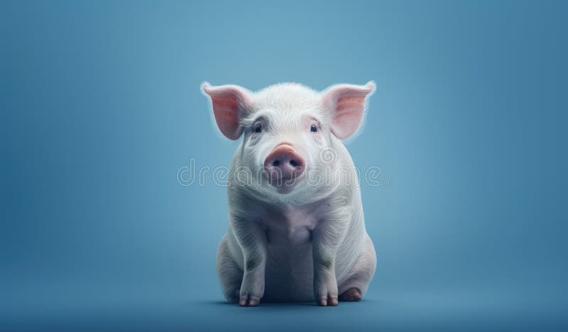 A Pig Sits Comfortably on a Blue Surface, Looking at the Camera Stock ...