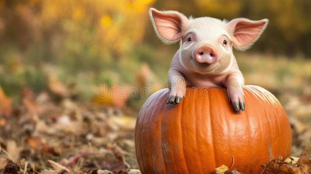 A Pig Sitting on Top of a Pumpkin in the Fall, AI Stock Image - Image ...