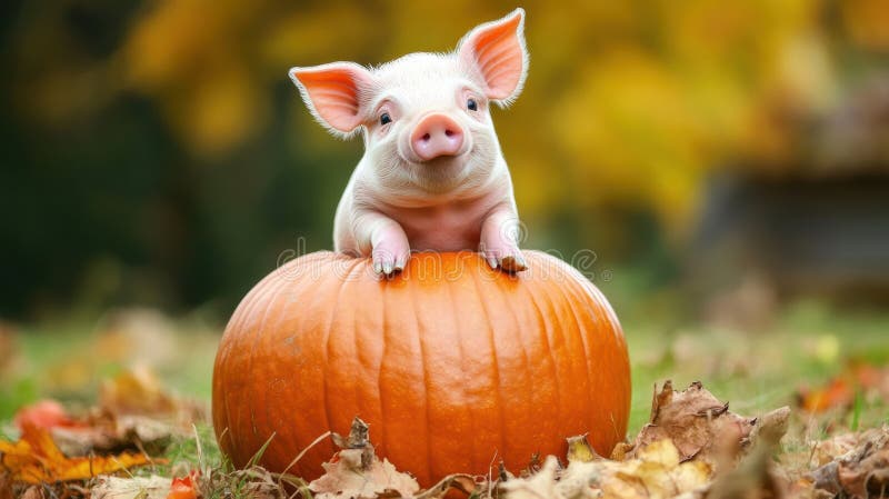 A Pig is Sitting on Top of a Pumpkin in the Fall, AI Stock Image ...