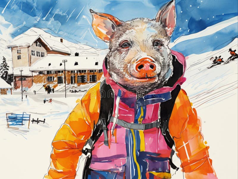 Pig in a Ski Suit at a Ski Resort Stock Illustration - Illustration of ...