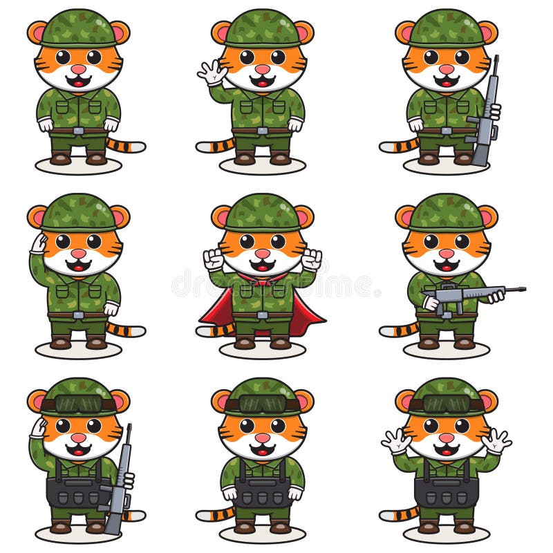 Cartoon Funny Tiger Soldier Set Stock Vector - Illustration of animal ...