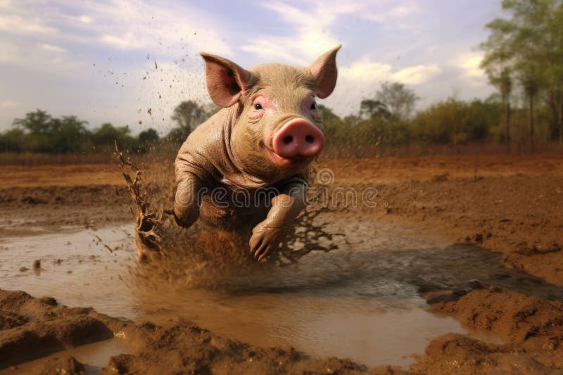 Pig Splashing Mud while Running through a Puddle Stock Photo - Image of ...