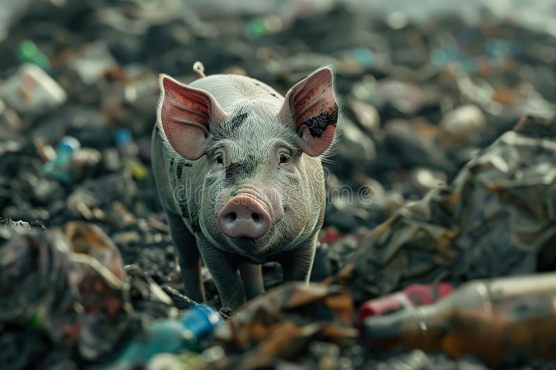 Pig is Standing in a Pile of Trash, Looking at the Camera Stock Image ...