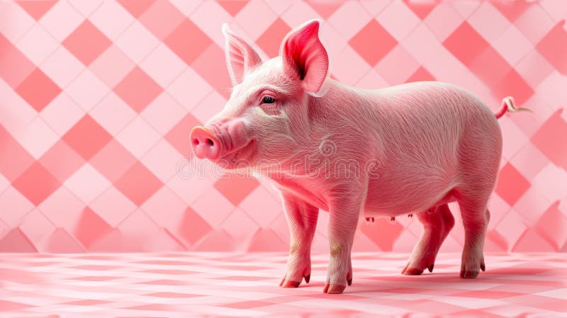 A Pig Standing on a Pink Checkered Floor with Its Eyes Closed, AI Stock ...