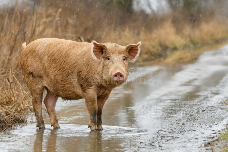 A Pig Standing in a Puddle of Water on a Wet Road. Generative AI Stock ...