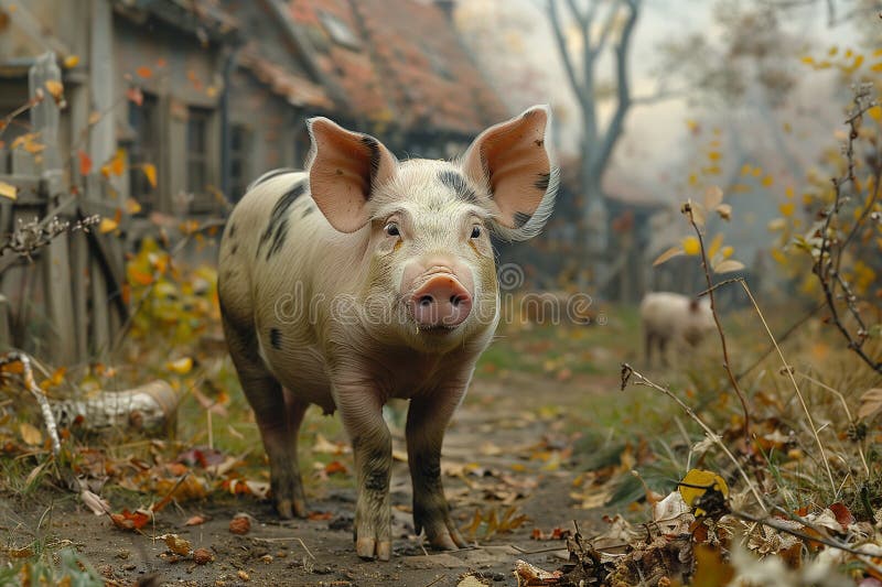 Pig Stands on Dirt Road Next To Building Stock Image - Image of farm ...