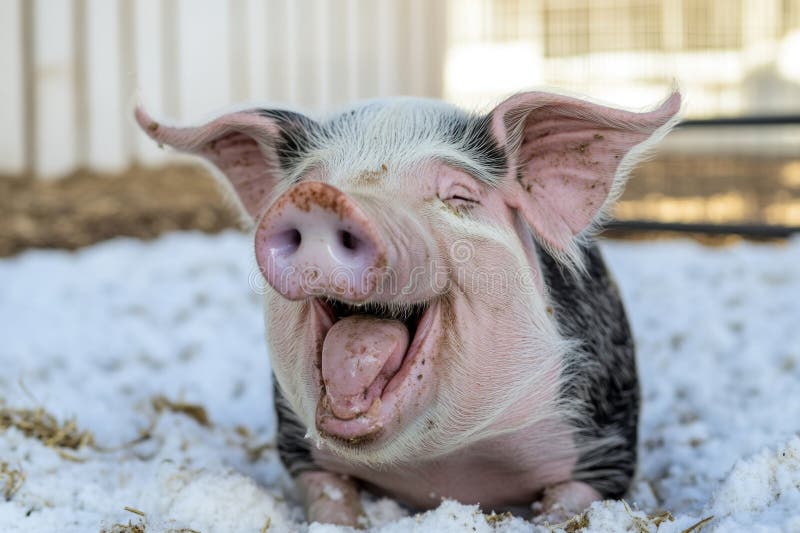 A Pig Stands in the Snow with Its Mouth Open Stock Photo - Image of ...