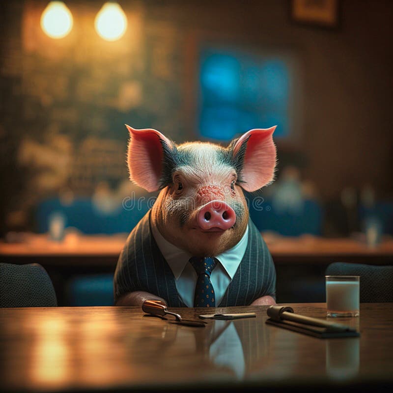 Pig in a Suit and Tie Sits at a Table, Generative AI Stock Illustration ...
