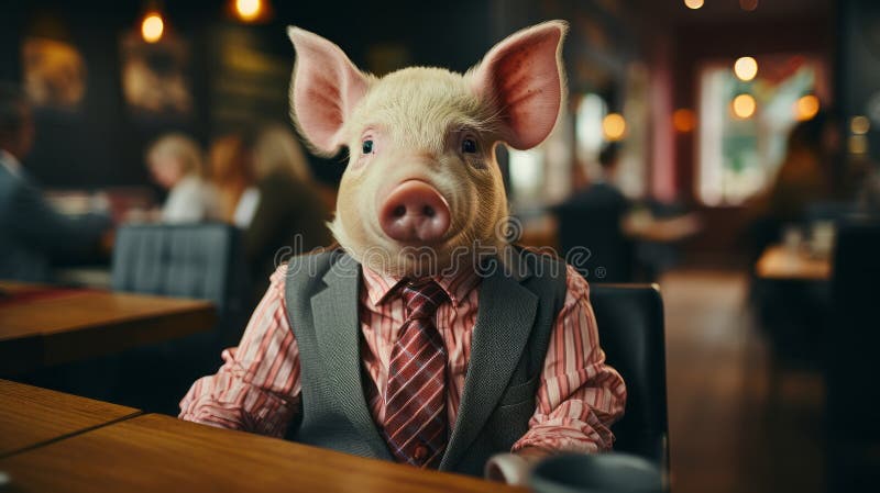 A Pig in a Suit and Tie Sits at a Table. Generative AI. Stock ...