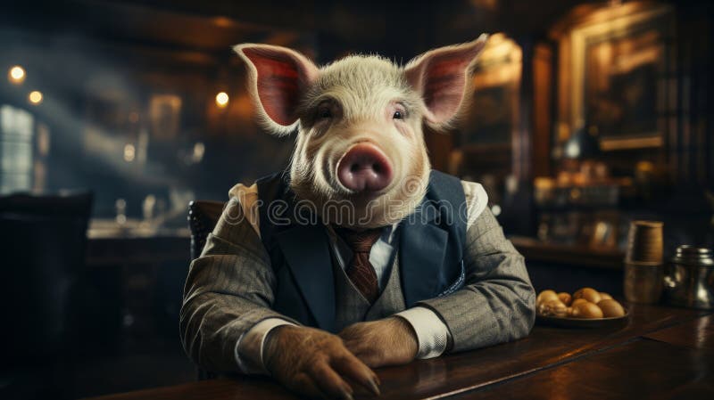 A Pig in a Suit and Tie Sits at a Table. Generative AI. Stock ...