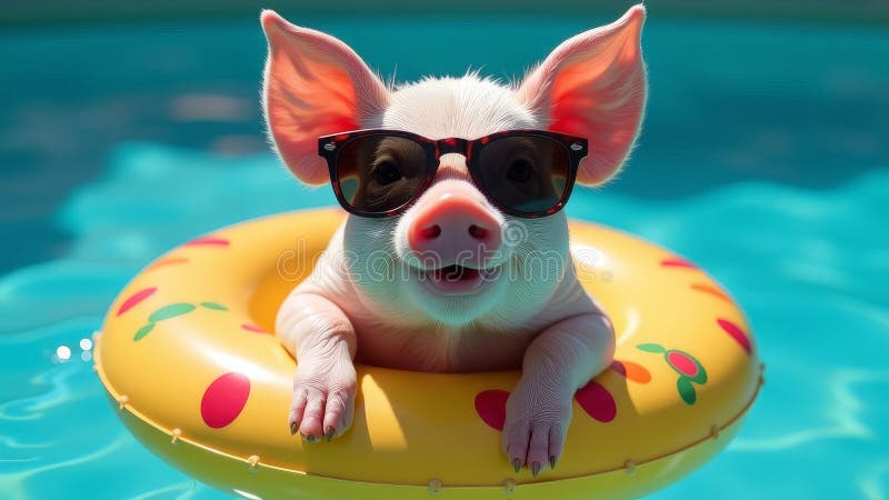 A Pig in Sunglasses Swims in a Pool on a Circle Stock Illustration ...