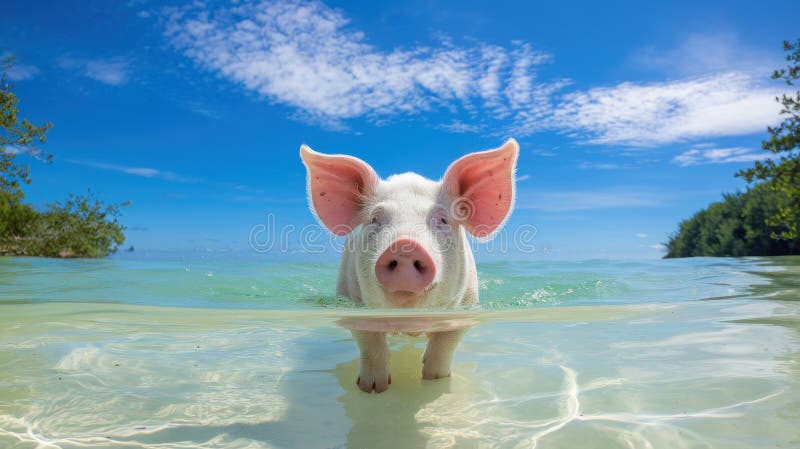 Pig Swimming in Clear Water with Tropical Background Stock Illustration ...
