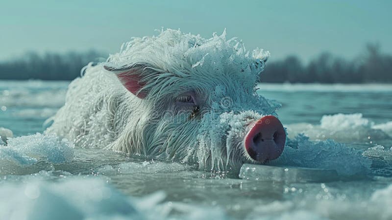 A Pig is Swimming in a Lake Covered with Ice, AI Stock Illustration ...