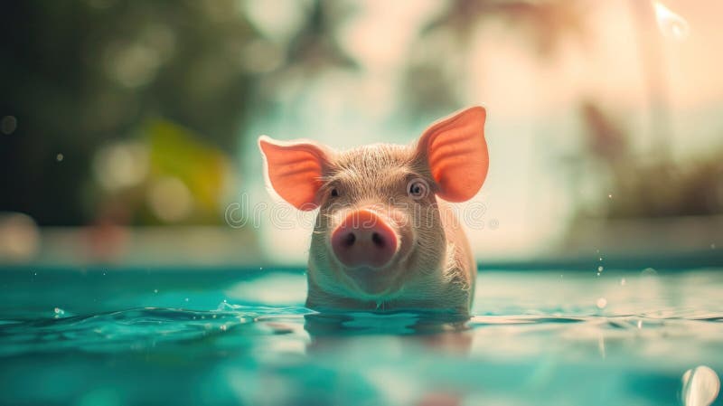 A Pig Swimming in a Pool with Some Trees and Water, AI Stock Image ...