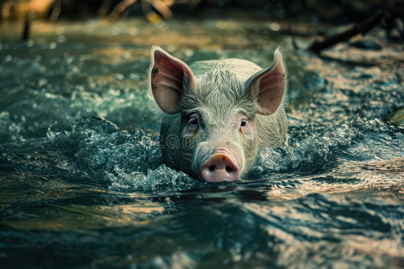Pig is swimming in a river stock photo. Image of beautiful - 372960026