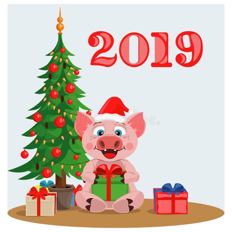 The Pig is the Symbol of 2019. Pig Under the Tree with Presents Stock ...