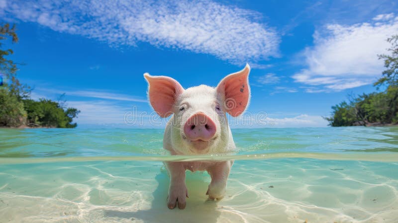 Pig Wading in Clear Water Facing the Viewer Stock Illustration ...