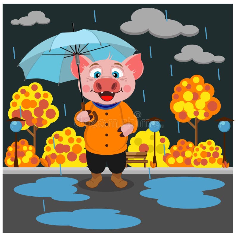 Pig Walks in the Park in the Autumn Rain. Vector Illustration Stock ...