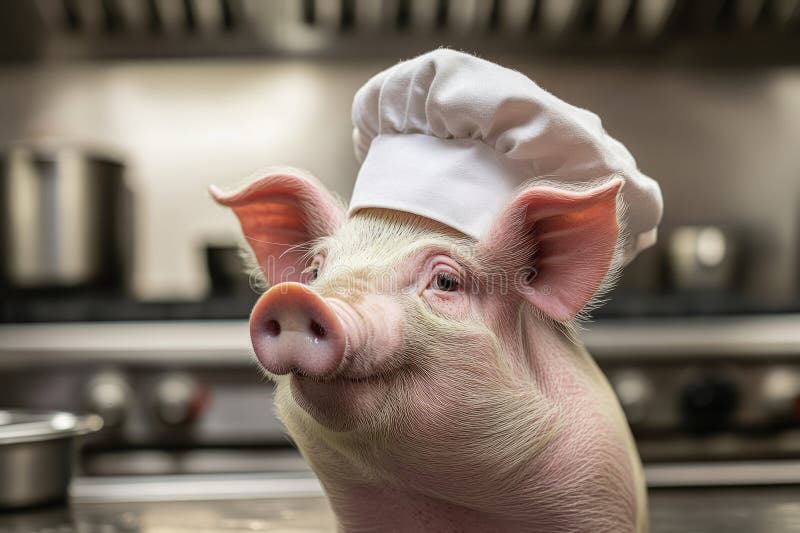 Pig Wearing a Chef S Hat Poses in a Commercial Kitchen Stock Image ...