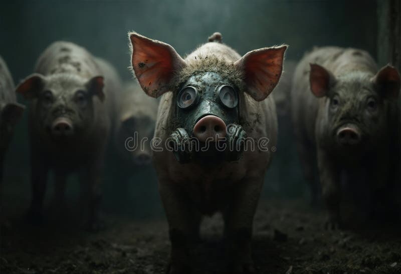 Pig Wearing Gas Mask in a Dark Atmospheric Setting Stock Illustration ...