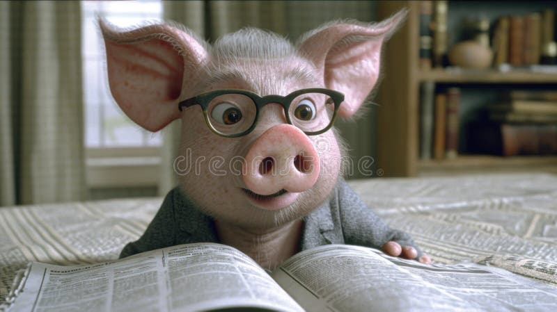 A Pig Wearing Glasses and Reading a Book on the Bed, AI Stock Photo ...