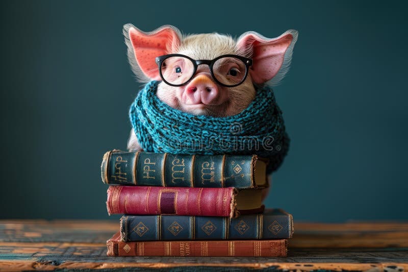 Adorable Piglet in Glasses Reading Books Stock Illustration ...