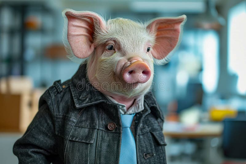 Pig Wearing Suit and Tie Stands in Office. Generative AI Stock Photo ...