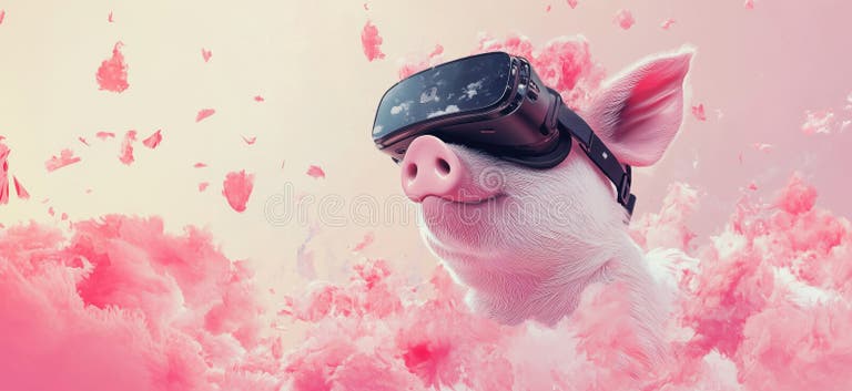 Pig Wearing Virtual Reality Headset in a Dreamy Pink Cloud Environment ...