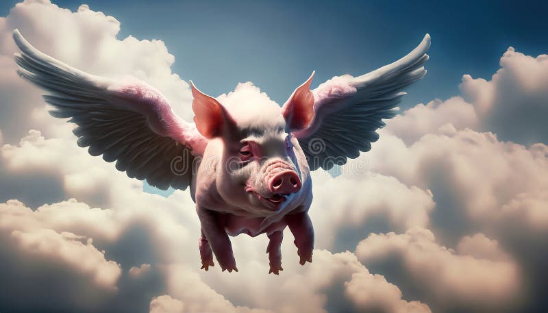 Pig with Wings Flying between Clouds. Winged Pig Stock Illustration ...