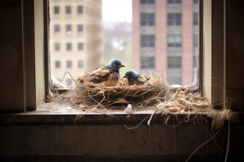 Pigeon Nest on a Window Sill of an Urban Building Stock Photo - Image ...