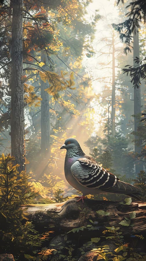 Pigeon Perched on a Log in a Sunlit Forest, Serene Nature Scene Stock ...