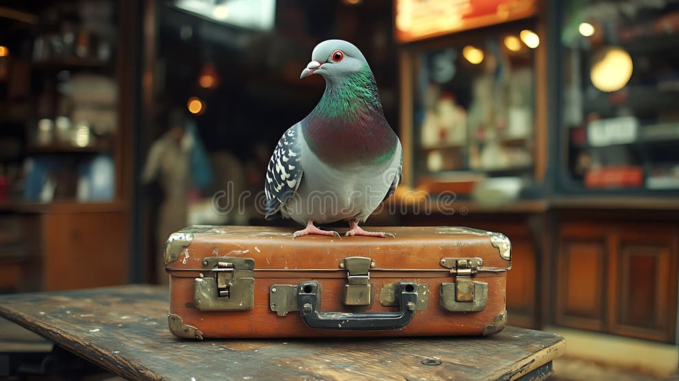 A Pigeon Perched on an Old Leather Suitcase in Front of a Store Stock ...