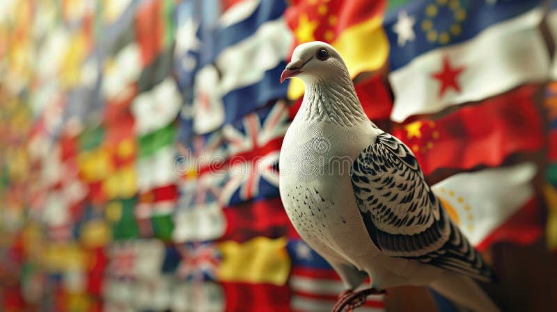 A Pigeon Perches on a Post in Front of a Wall of Flags Stock ...