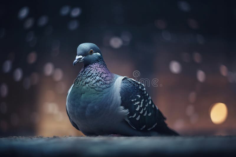 A Pigeon is Sitting on the Ground in the Rain at Night Stock ...
