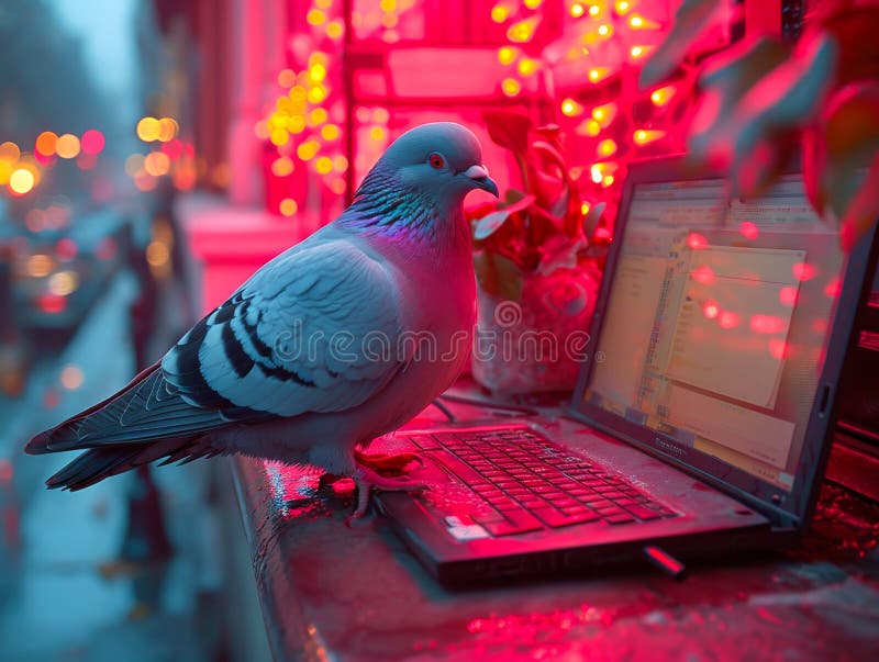 Pigeon Sitting on Laptop. a Pigeon Sits on a Laptop on a Office Stock ...